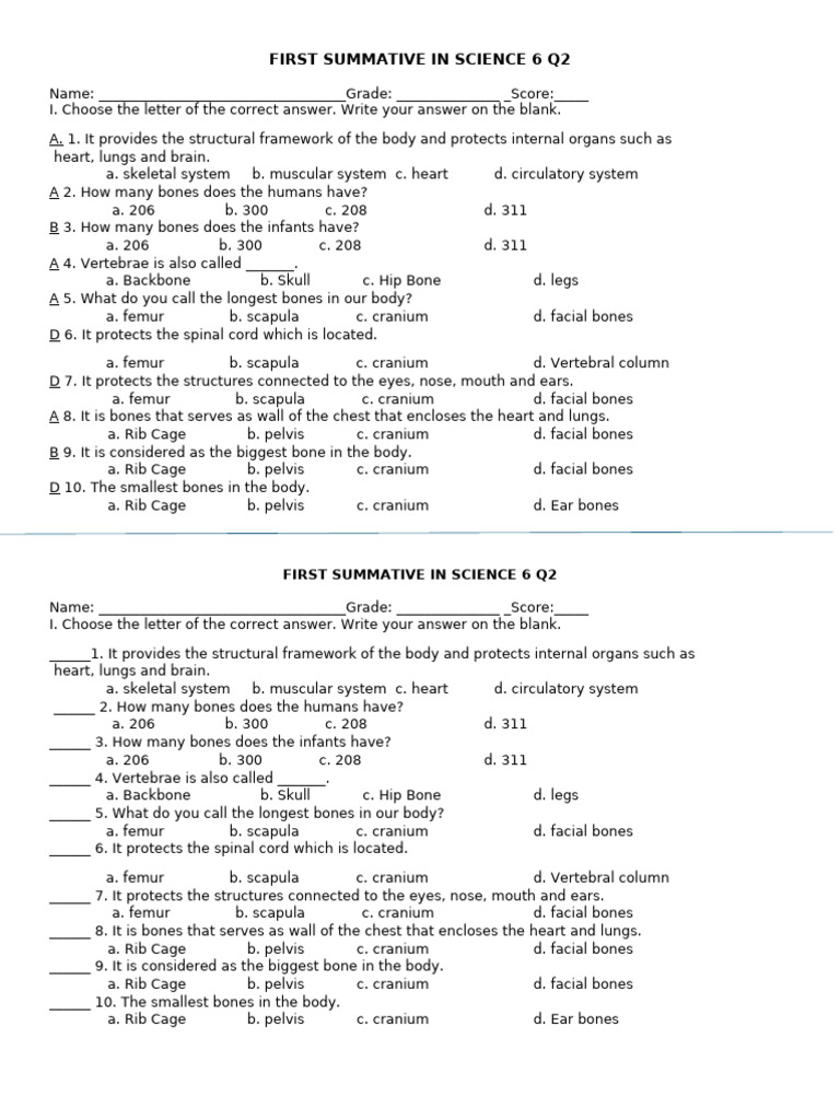 First Summative in Science 6 Q2 | PDF | Vertebral Column | Skull