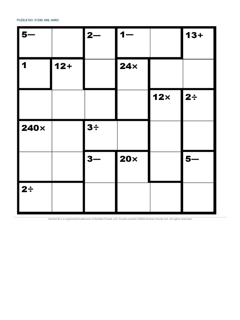 Hard 6x6 KenKen Puzzle No. 51290 | PDF