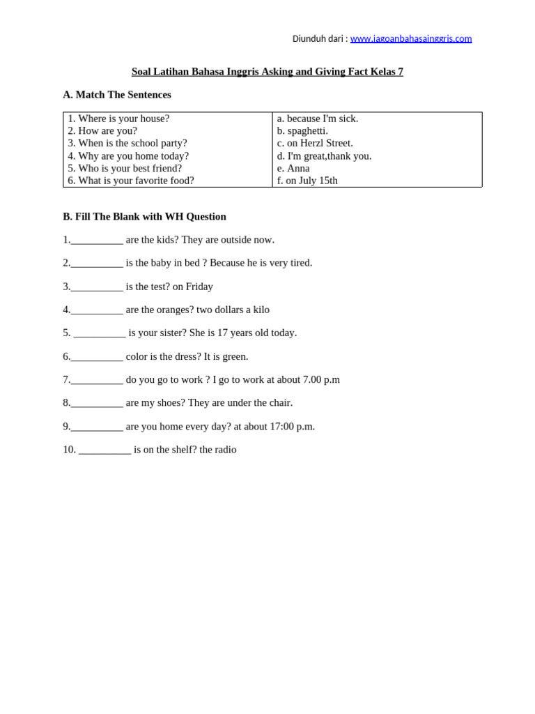 Soal Latihan Bahasa Inggris Asking and Giving Fact Kelas 7-1 | PDF