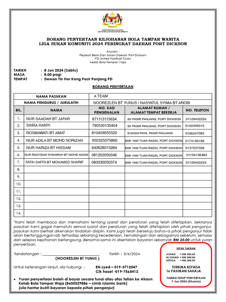 A Team - Borang Bola Tampar LSK 2024 - PD 2 | PDF