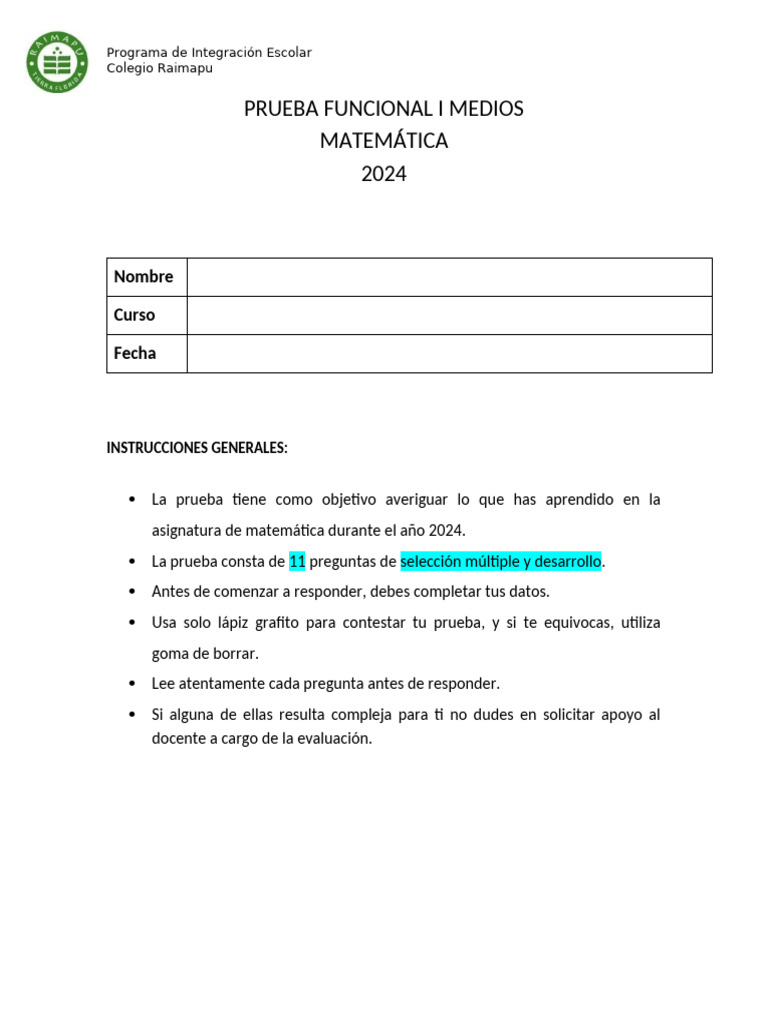 Prueba Funcional I Medios Matematica | PDF | Crecimiento personal y profesional
