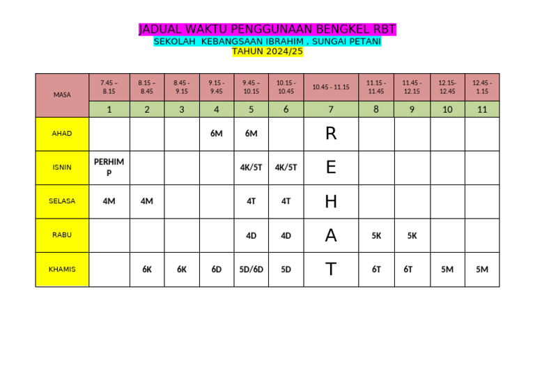 Jadual Waktu Penggunaan Bengkel RBT 2022 | PDF