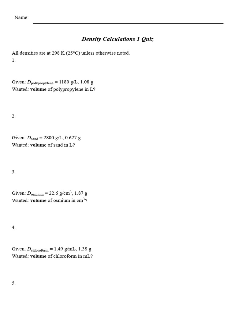 Density Calculations Quiz 1 | PDF | Density | Chemistry