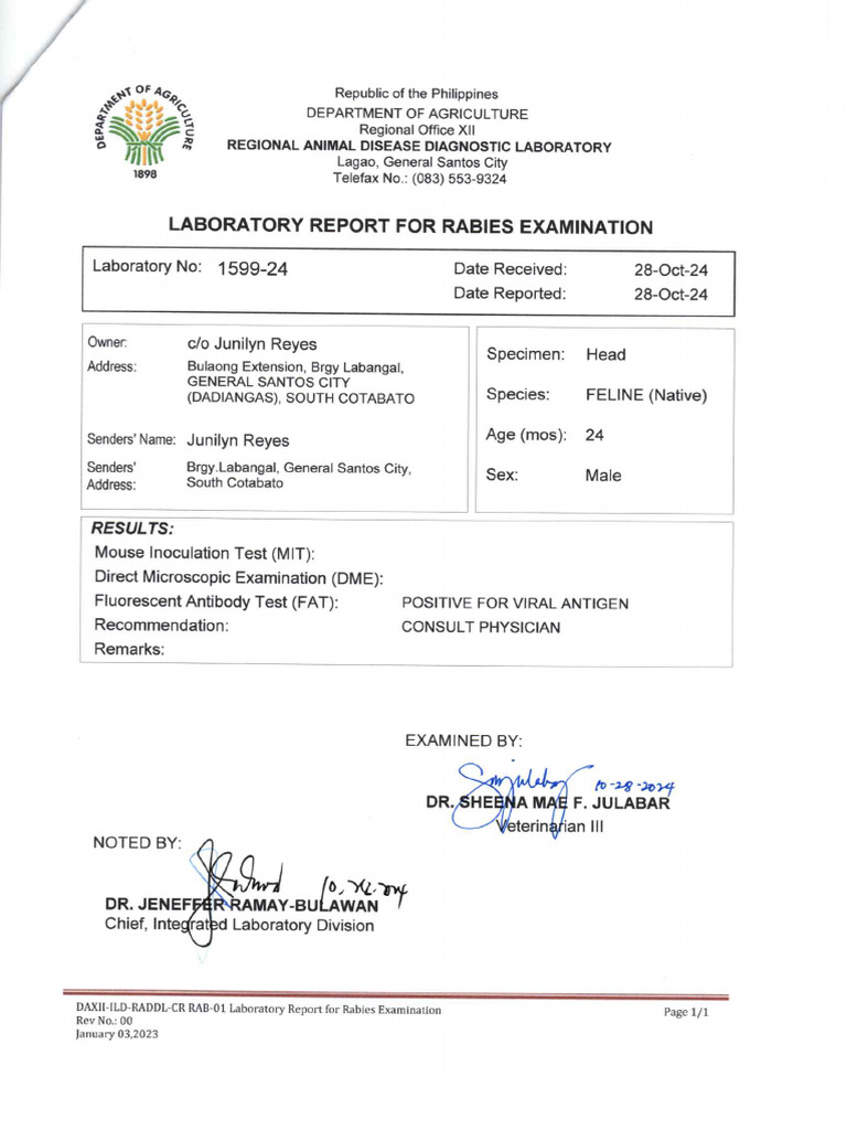 Rabies (Dfat) Test Result Junilyn Reyes, Labangal Gensan (24-1599 ...