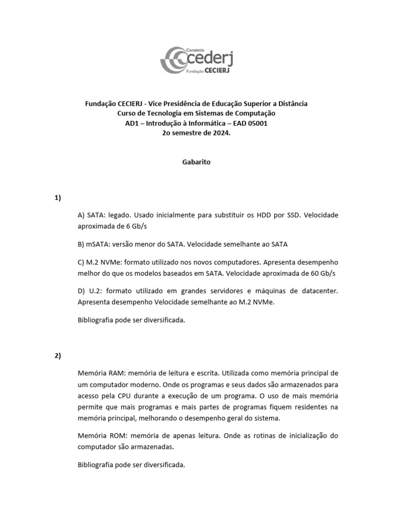 Gabarito AD1 2024 2 IaI | PDF | Armazenamento de dados de computador | Disco de estado sólido