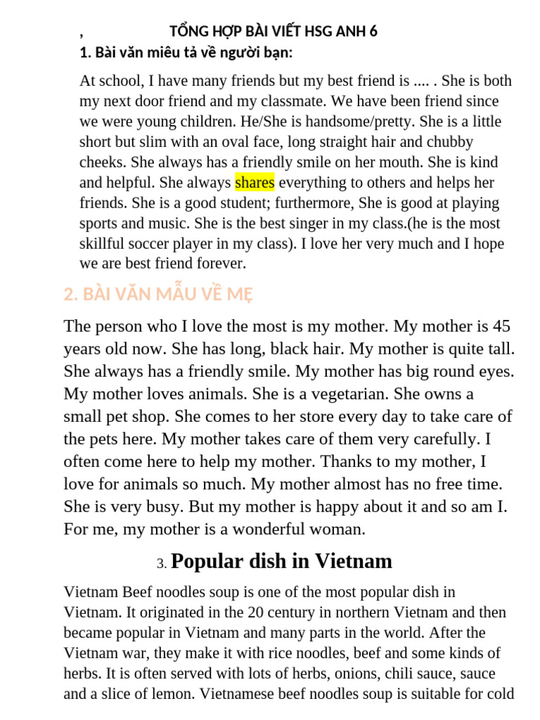 Tổng Hợp Bài Viết HSG Tiếng Anh 6 | PDF | Cuisine | Foods