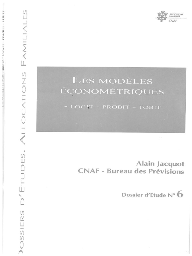 Les Modèles Économétriques LOGIT, PROBIT, ToBIT - Jacquot (PDFDrive) | PDF