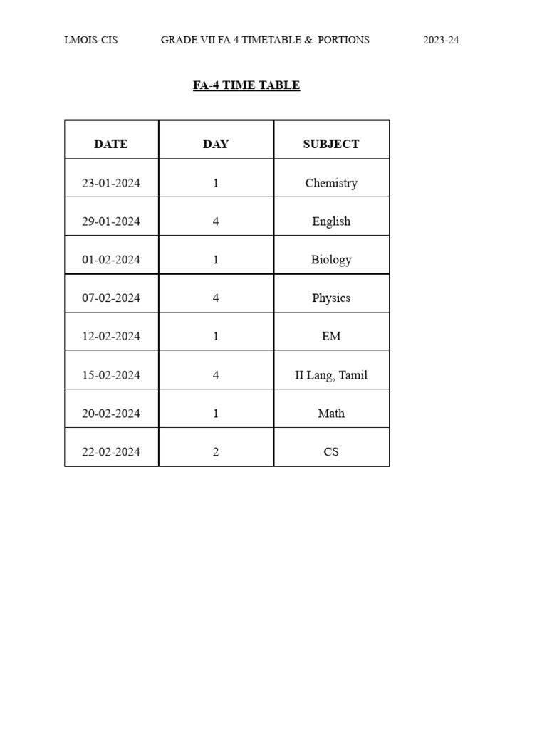 Grade VII FA 4 Timetable & Portions | PDF