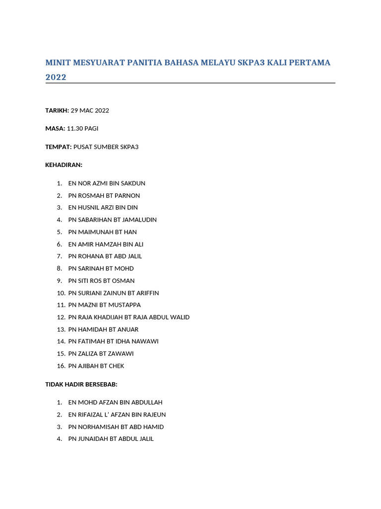 Minit Mesyuarat Bahasa Melayu Kali Pertama 2022 | PDF