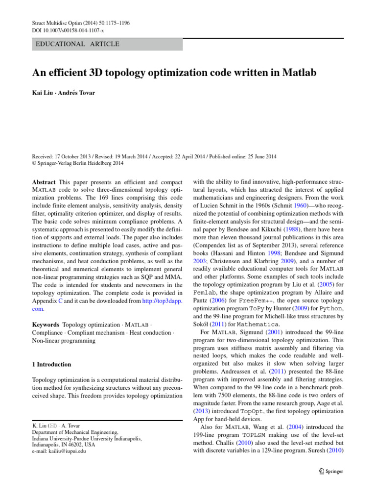 An Efficient 3d Topology Optimization Code Written In Matlab Pdf Matrix Mathematics