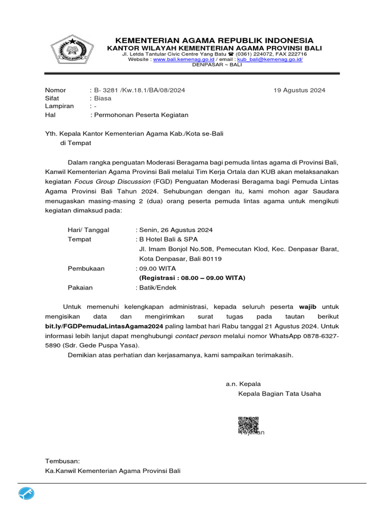 Surat Peserta FGD Kemenag KabKota Sebali | PDF
