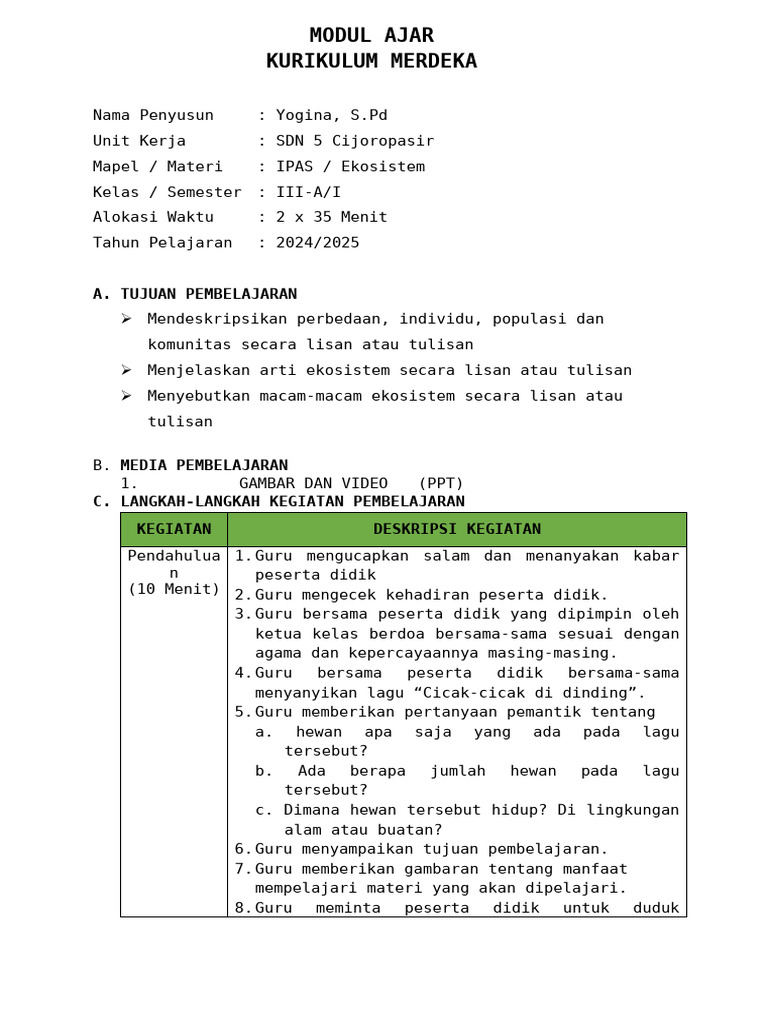 Modul Ajar Ipas Ekosistem Kelas 3a | PDF | Sains & Matematika