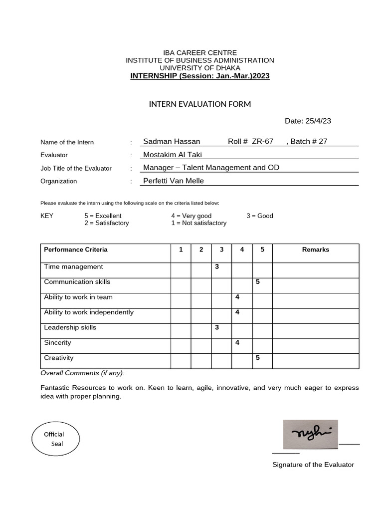 Intern Evaluation Form | PDF
