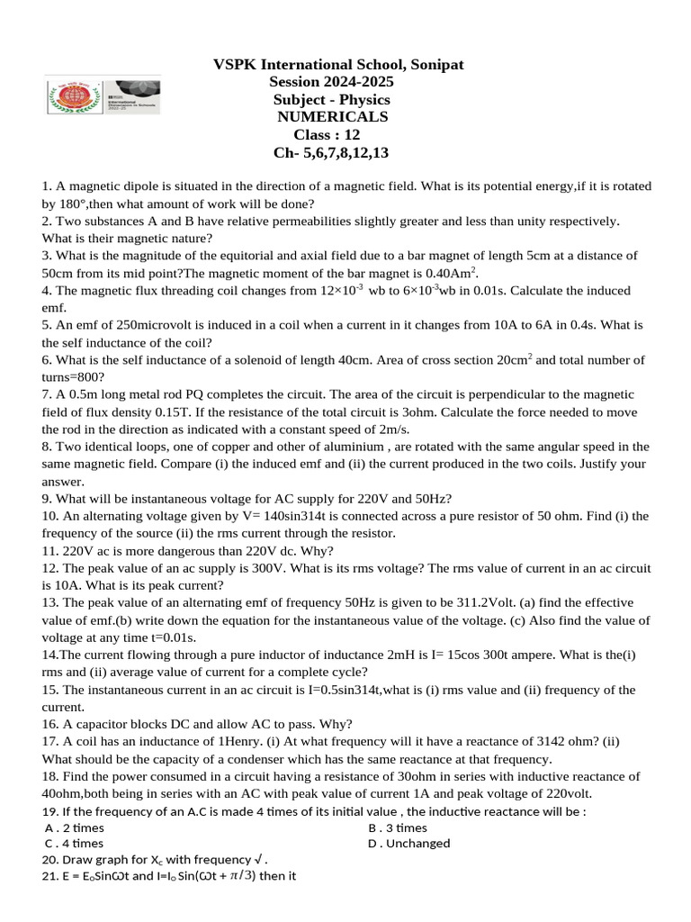 12th Physics Numerical Practice1 | PDF | Inductance | Inductor