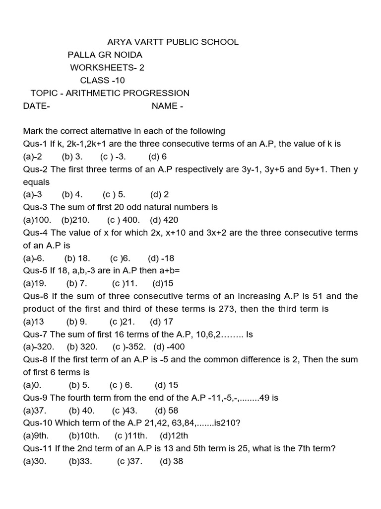 Class 10 Arithmetic Progression Worksheet | PDF | Mathematics | Arithmetic