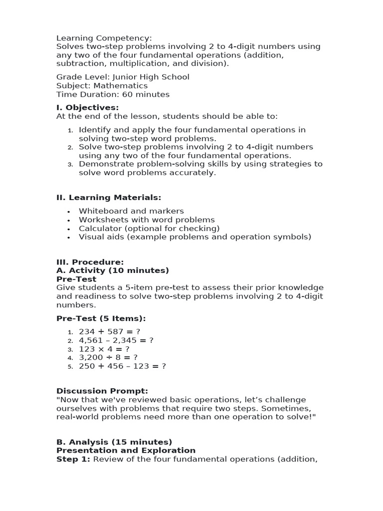 Solving Two-Step Problems Involving 2 To 4-Digit Numbers Using Any Two ...