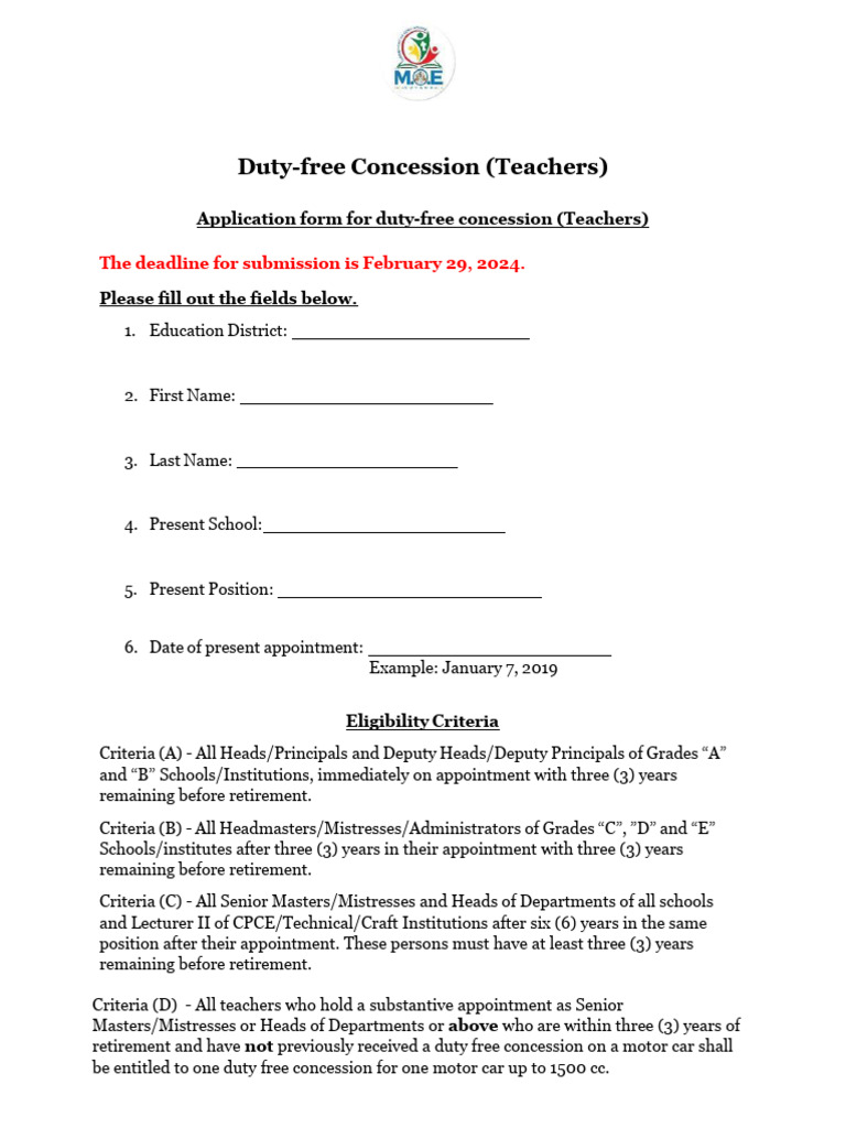 Application Form For Duty-Free Concession 2024 | PDF