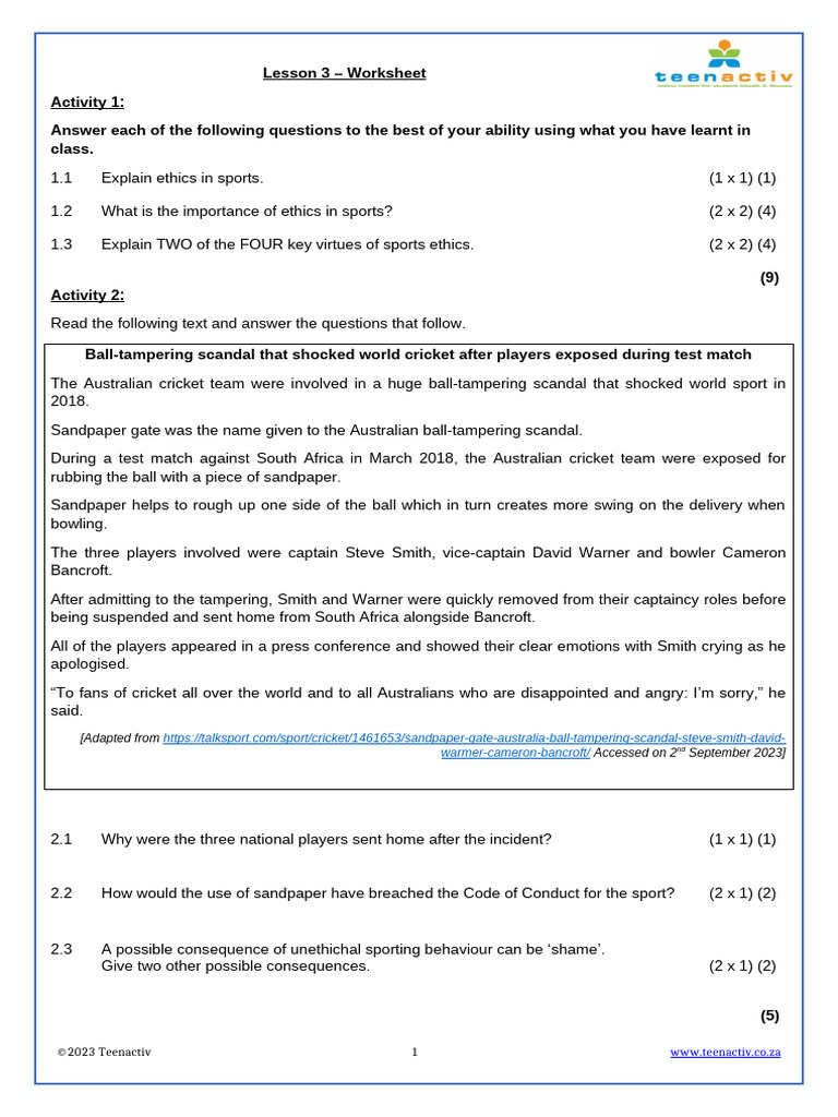 7 Lesson 3 - Worksheet | PDF | Cricket | Ball And Bat Games