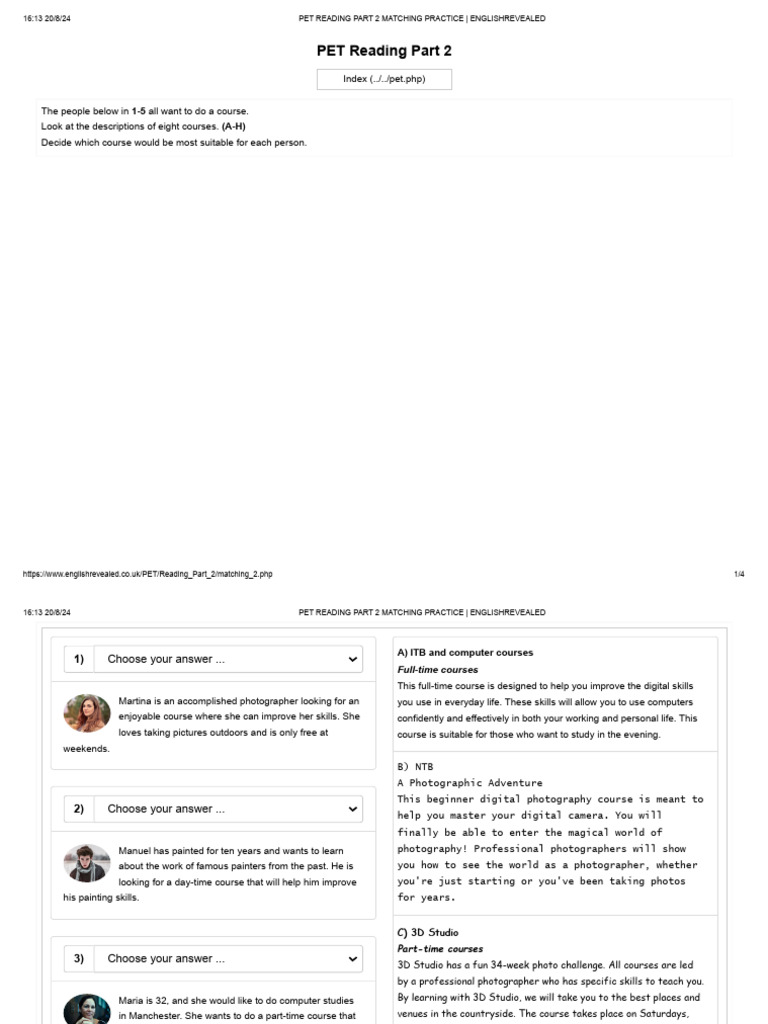 PET Reading Course Matching Guide | PDF | The Arts