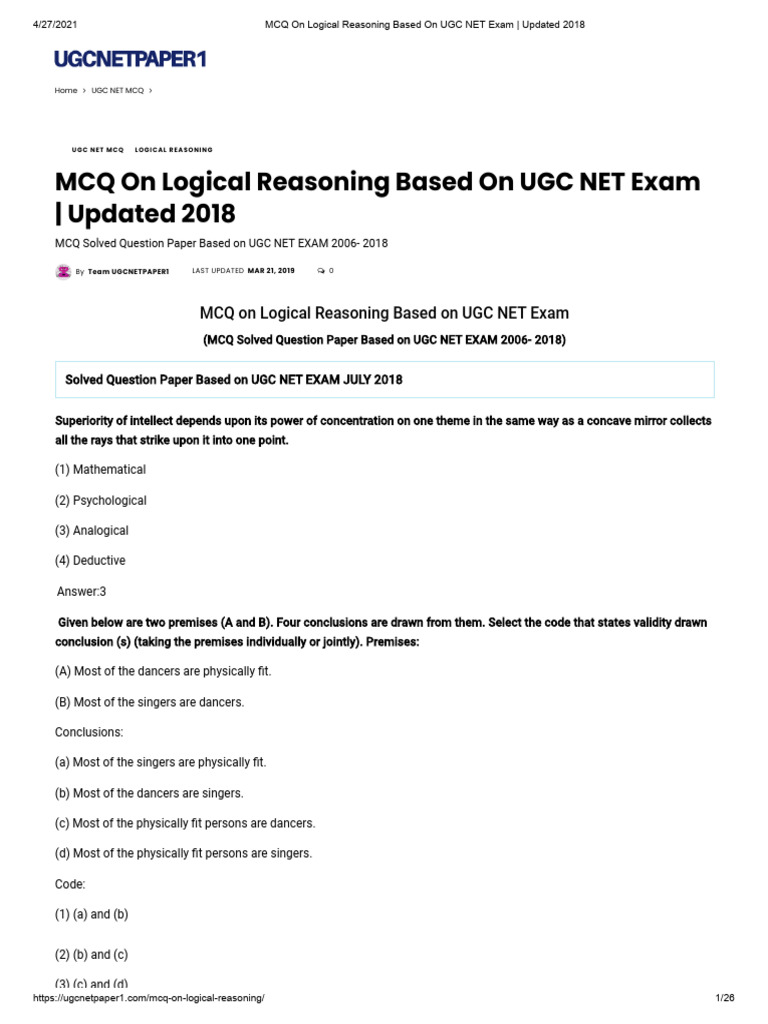 MCQ On Logical Reasoning Based On UGC NET Exam - Updated 2018 | PDF | Argument | Deductive Reasoning