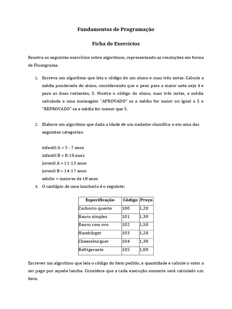 Lista de Exercicios de Algoritmos | PDF | Algoritmos