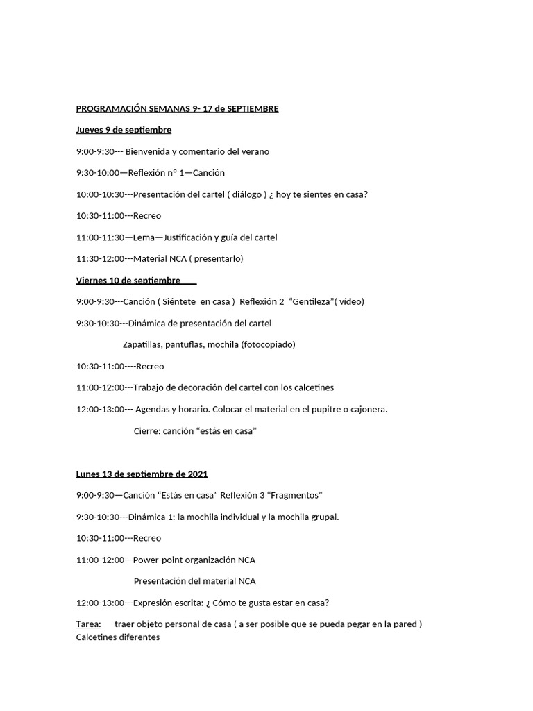 Programación Semanas 9 | PDF | Hogar, jardinería y bricolaje | Arte