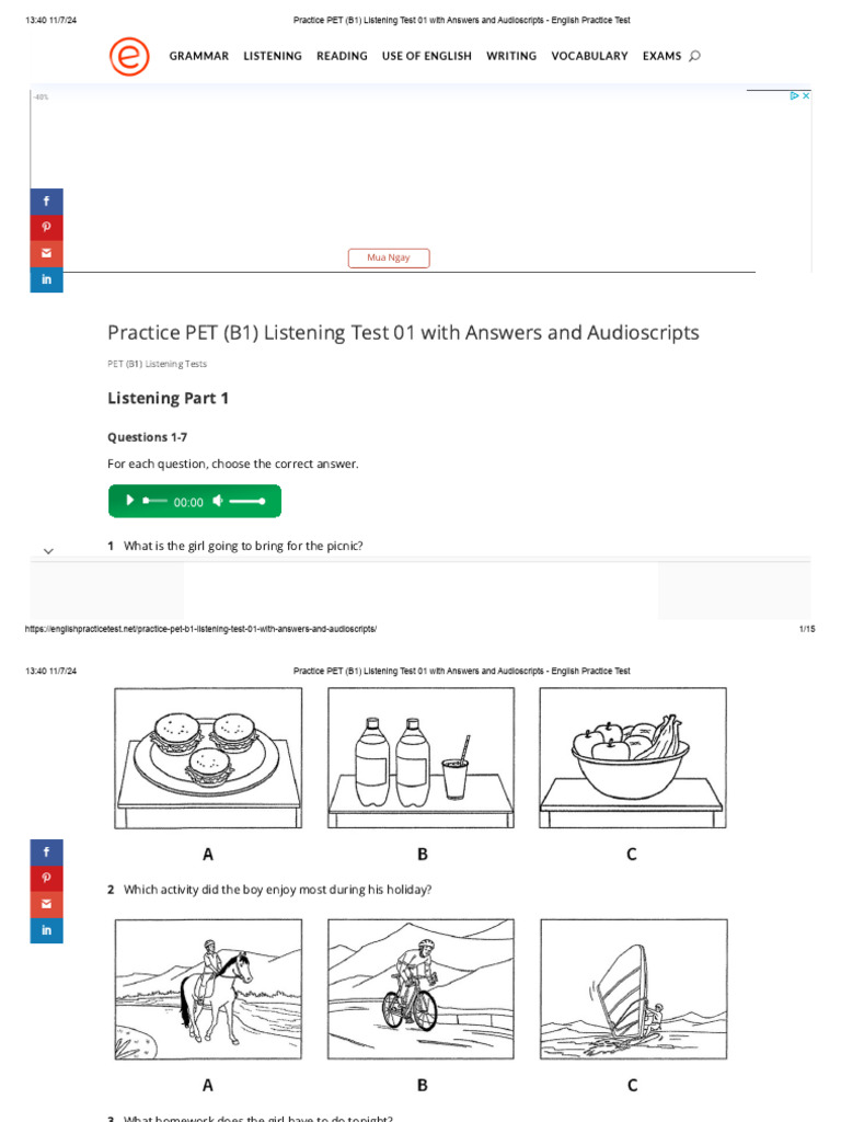 Practice PET (B1) Listening Test 01 With Answers and Audioscripts ...