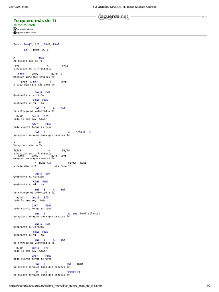 Yo Quiero Mas de Ti Acordes | PDF