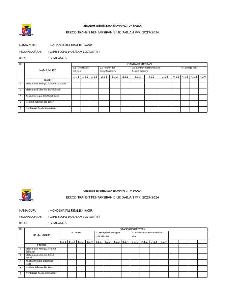 Contoh Rekod Transit PSSAS | PDF