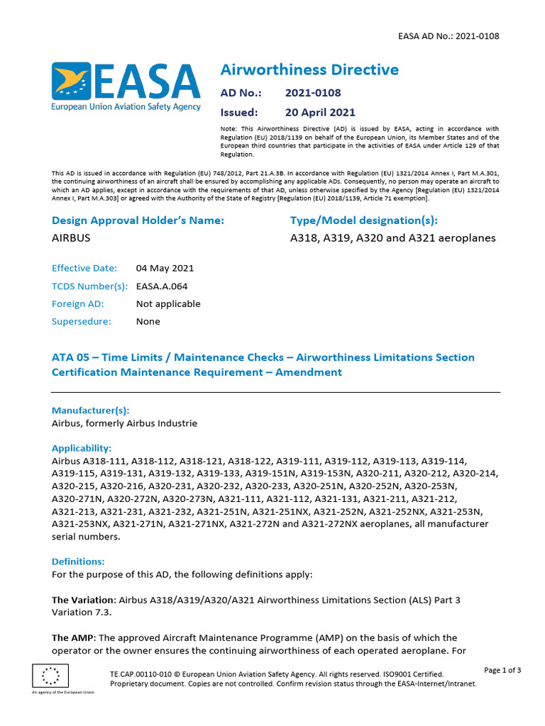 Ata 05 - Easa - Ad - 2021-0108 - 1 | PDF | Aircraft | Airbus