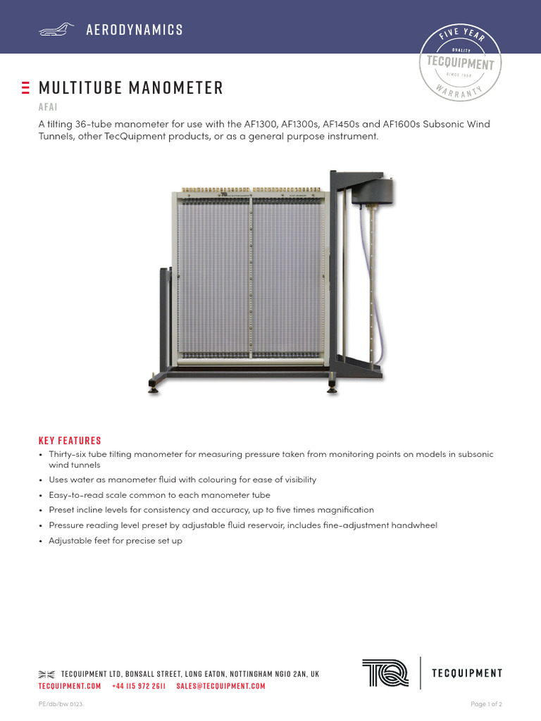 AFA1 Multitube Manometer Datasheet | PDF | Pressure Measurement | Wind Tunnel