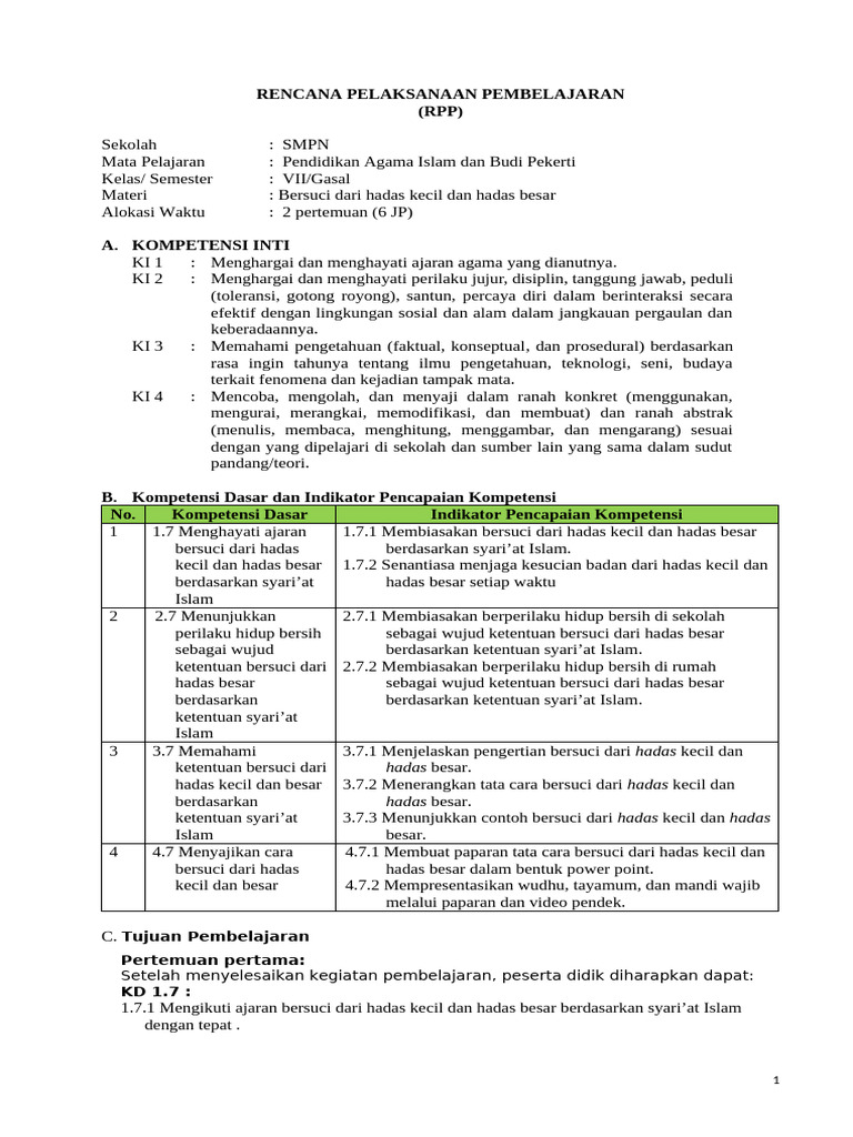 RPP KD 7 Bersuci Dari Hadas Kecil Dan Hadas Besar | PDF | Karier & Perkembangan | Sains & Matematika