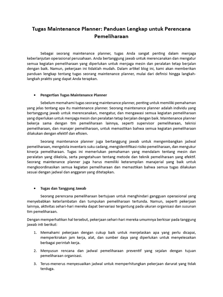 Tugas Maintenance Planner | PDF | Bisnis | Pengelolaan Keuangan & Uang