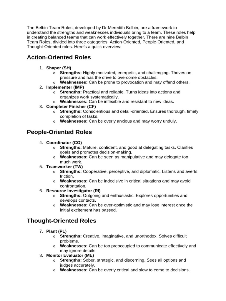 The Belbin Team Roles Pdf Psychology Business