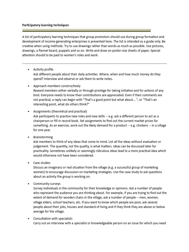 Participatory Learning Techniques | PDF | Brainstorming | Cognition