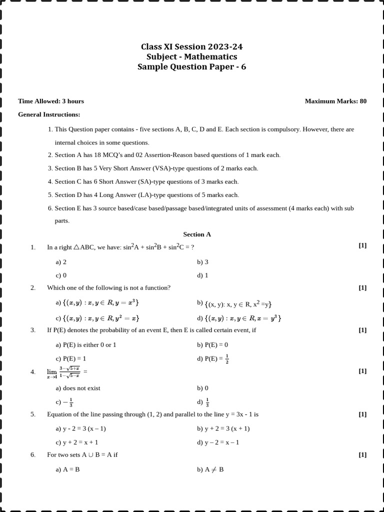 Class XI Mathematics Sample Paper | PDF | Circle | Mathematical Objects