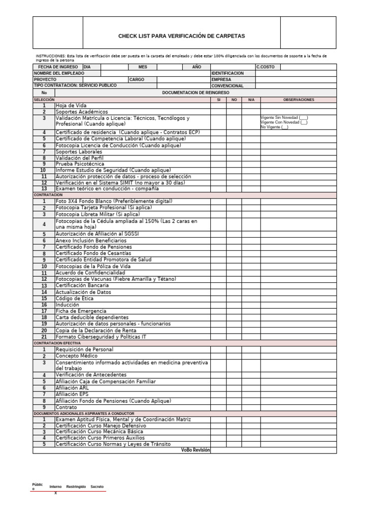 F09-PR-GRH-001 Ver 8 Check List Verificación Carpetas | PDF