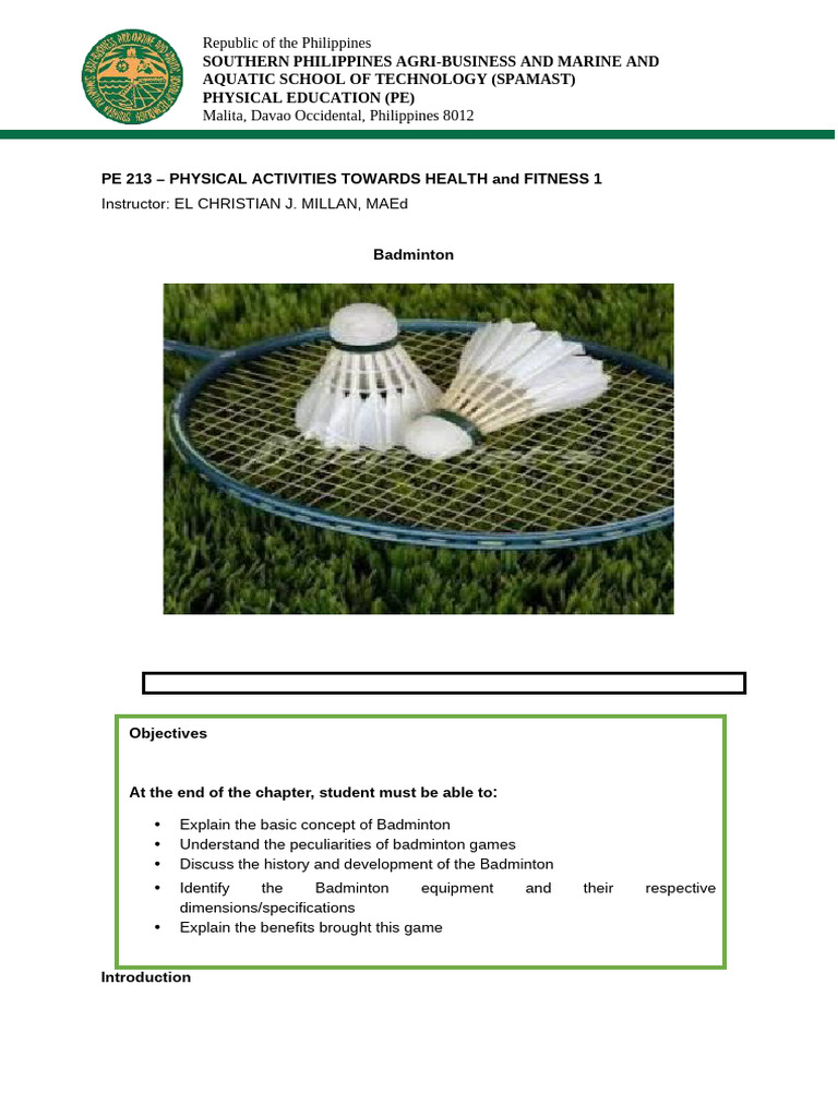PE 213 - MODULE 2 - 2024 Badminton | PDF