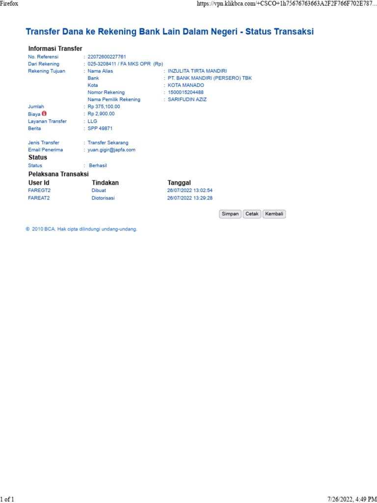 Status Transfer Dana Berhasil | PDF