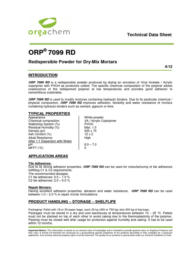 ORP 7099 RD Ficha Tecnica (ENG) - Orgachem | PDF | Mortar (Masonry ...