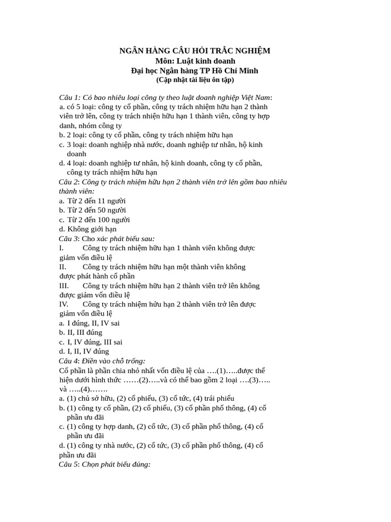 Ngân-hàng-trắc-nghiệm-HUB-Luật-kinh-doanh-OTSV word | PDF