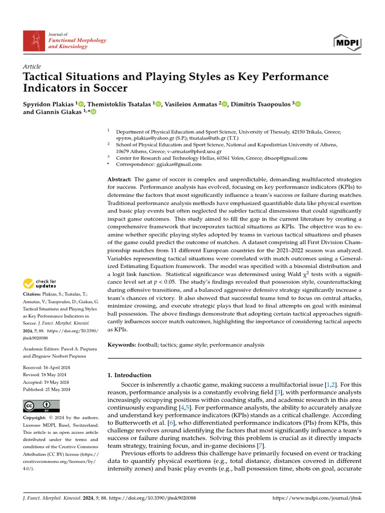 Tactical Situations and Playing Styles As Key Performance Indicators in Soccer | PDF | Applied ...