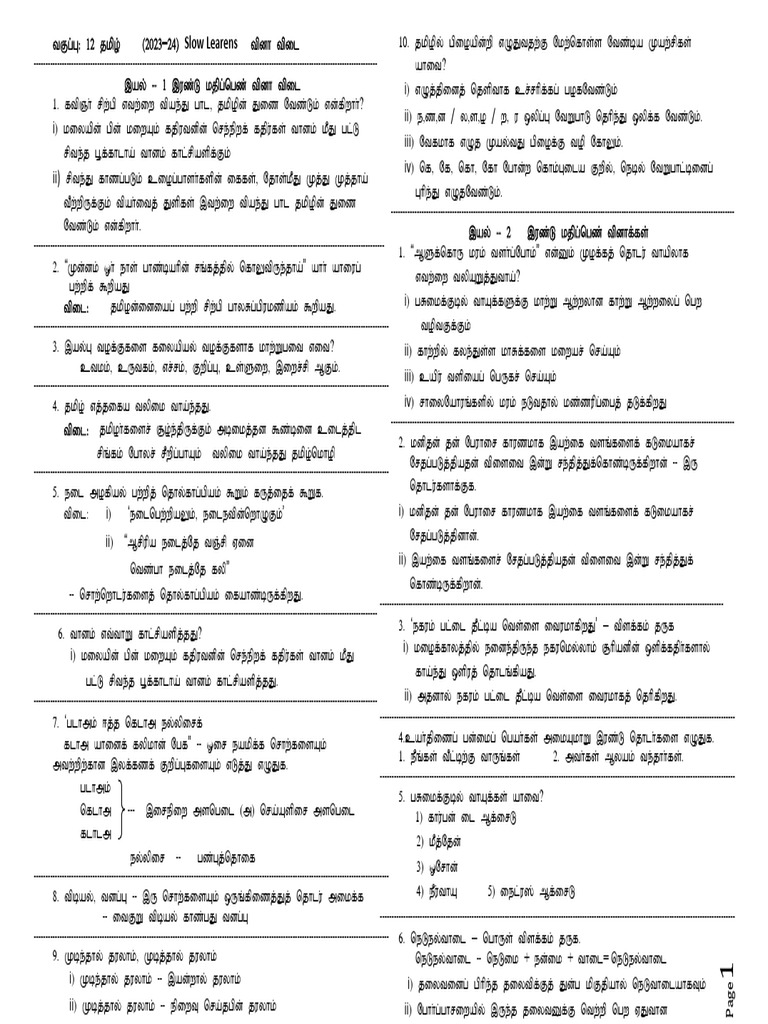 12th Tamil Slow Learners Study Materials Tamil Medium PDF Download | PDF 12th Tamil Slow Learners Study Materials Tamil Medium PDF Download | PDF