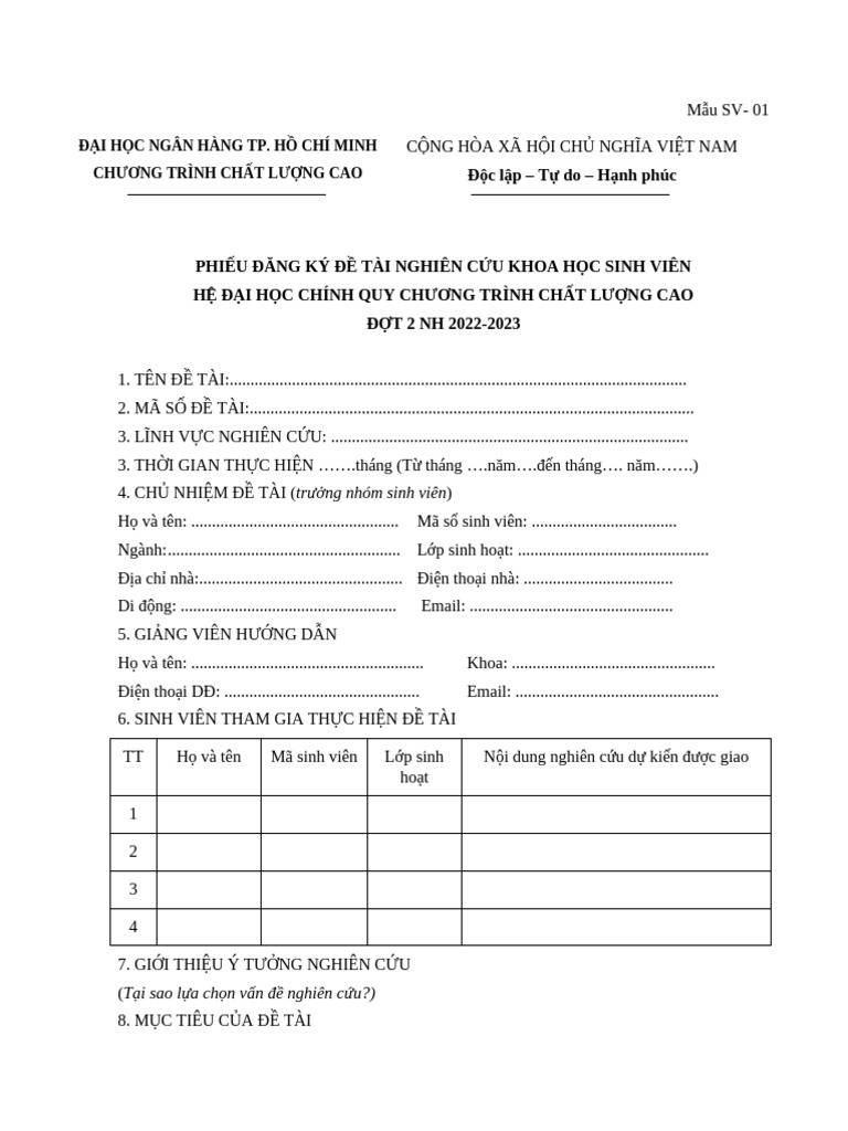 Mau - sv01 Dang Ky de Tai NCKH 1402202380922SA | PDF