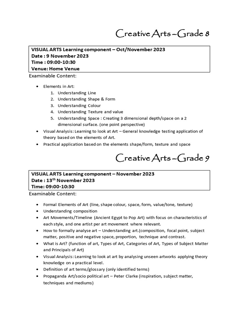 Exam Content Creative Arts Grade 8 Nov 2024 | PDF
