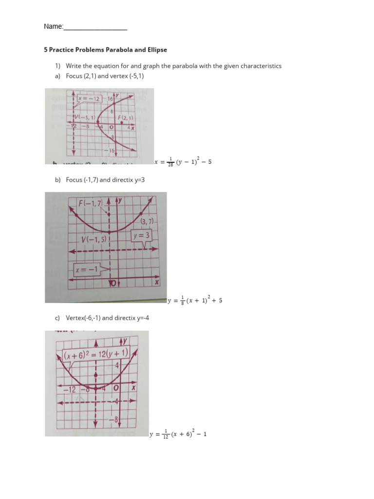 5 Practice Problems Parabola and Ellipse - Answer Key | PDF