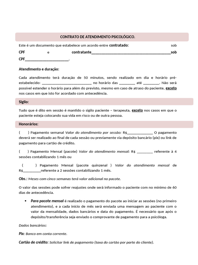 CONTRATO DE ATENDIMENTO PSICOLÓGICO Modelo | PDF