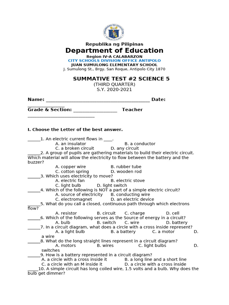 Science 5 Summative Test on Electricity | PDF | Electric Current ...
