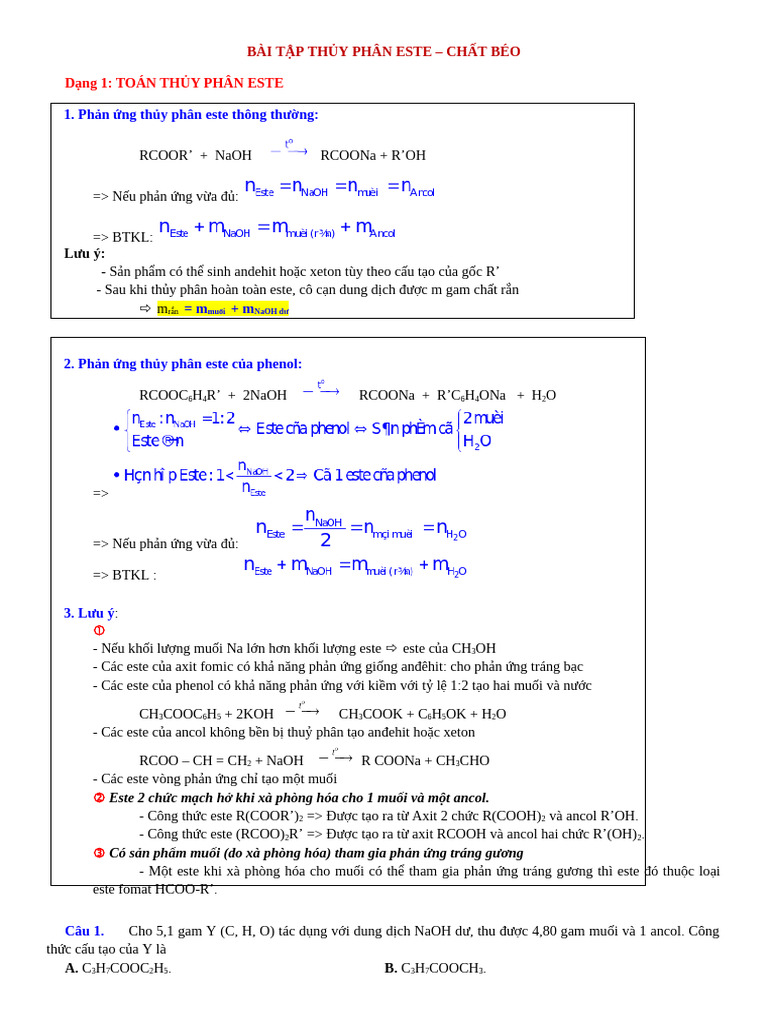 Hóa 12 - TH y Phân Ester - Lipid (HSG) | PDF