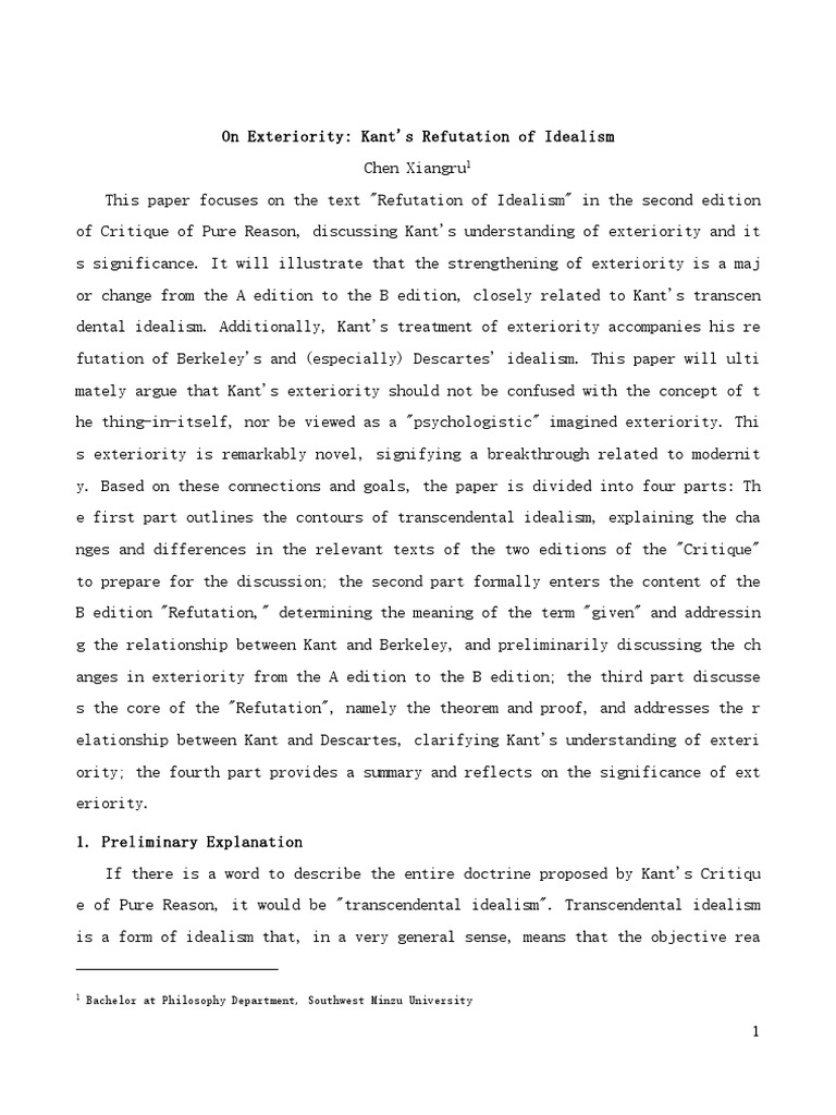 On Exteriority - Kant's Refutation of Idealism | PDF | Noumenon ...